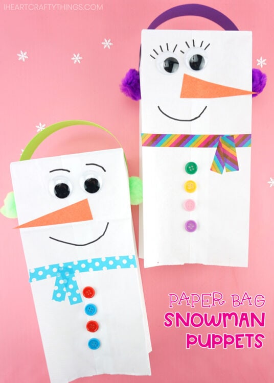 Paper Bag Snowman Craft Puppet - I Heart Crafty Things